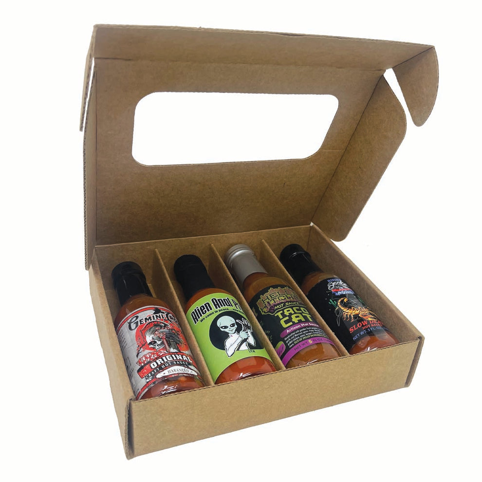 Hot Sauce Box - Four 5oz Woozy Bottles - Flat Pack Gift Box – Hotsauceboxes
